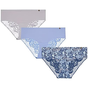 Lucky Brand Women's Underwear - Microfiber Lace Hipster Briefs (3 Pack), Size Large, Indigo/Blue/Silver Scone