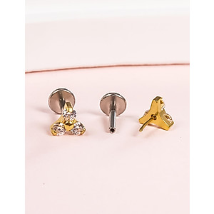Limerencia G23 Hypoallergenic 18g Flat Back Stud Earrings | F136 Implant Grade Titanium Press Fit Threadless Push Pop in Cartilage Helix Labret Lip Monroe Tragus Piercing Studs (Trinity CZ Gold)