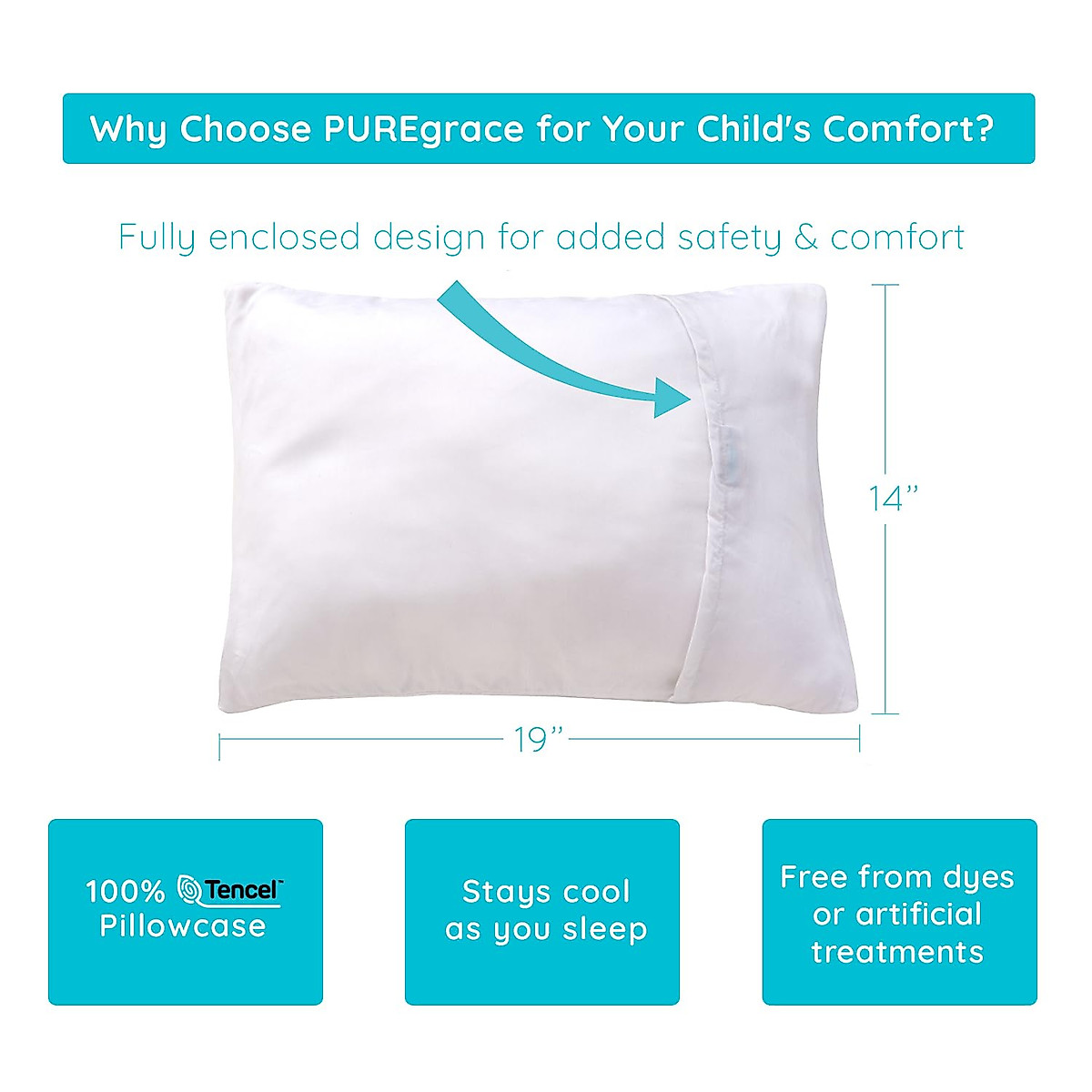 PUREgrace Tencel Toddler Pillowcase – Washable and Soft, Sized for All Toddler Pillows, Breathable and Smooth with Secure Flap Design