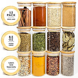SAVVY & SORTED 12 Natural Bamboo Spice Jars | Large Spice Jars with Bamboo Lids | Seasoning Containers Glass Jars with Airtight Lids | Spice Jars Natural Bamboo Containers Kitchen Herb Pantry Jars