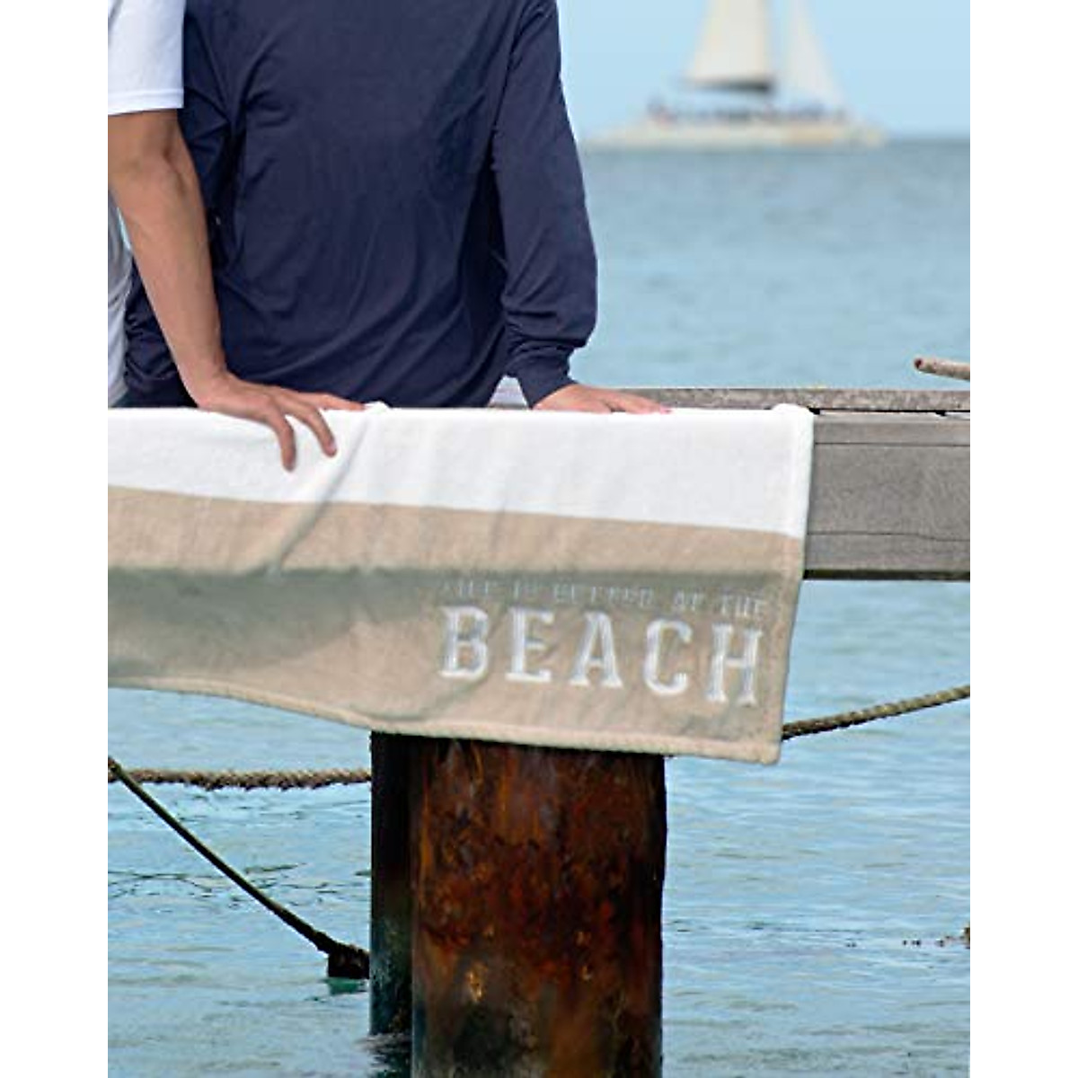 Pavilion Gift Company Life is Better at The Beach-Tan & White Super Soft 50 x 60 Inch Striped Throw Embroidered Text 50" x 60" Royal Plush Blanket, Beige