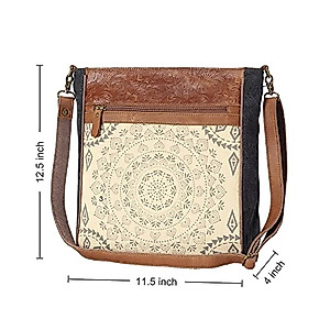 ANNGOTI Canvas & Cowhide Shoulder Bag for Women, Vintage Style with Genuine Leather, Handmade Print Crossbody Bag with Zipper Top & Adjustable Strap