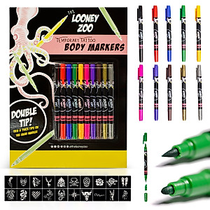 Looney Zoo Temporary Tattoo Markers for Skin, 10 Body Markers + 20 Large Tattoo Stencils for Kids and Adults, Dual-End Pens Make Bold and Fine Lines with Cosmetic-Grade Temporary Tattoo Ink