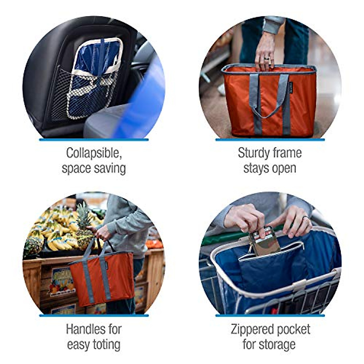 CleverMade SnapBasket Reusable Grocery Shopping Bags with Reinforced Bottom and Zippered Storage Pocket, Collapsible Durable Premium Utility Totes, 20L Size, Orange/Charcoal, 3 Pack