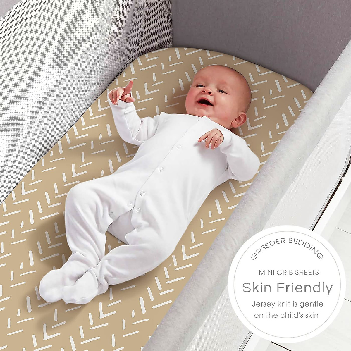 GRSSDER Stretchy Pack and Play Sheets, Ultra Soft Jersey Knit Fitted Pack n Play Sheets Set 2 Pack, Portable/Mini Cribs Sheets for Girls and Boys, Rainbow Pattern