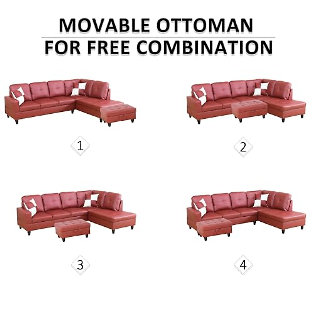 103" W Sectional Couches for Living Room, Faux Leather Couch with Storage Ottoman, Leather Sofa Brown Couches, Modular Sectional Sofa,Modular Sectional Couch for Living Room Furniture Sets, Red