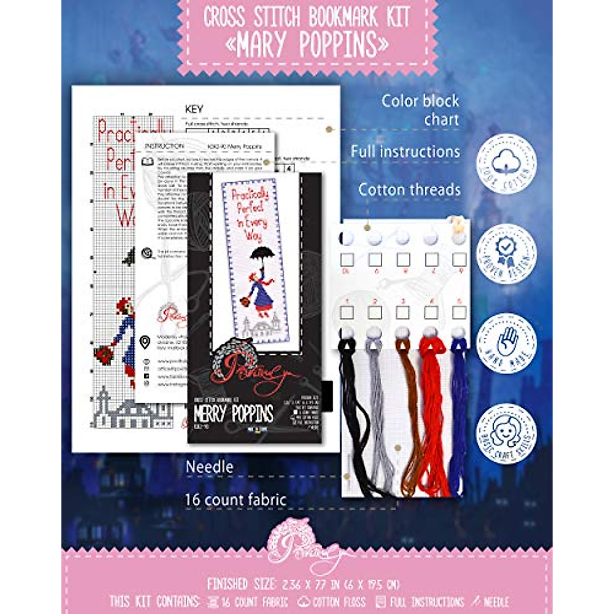 Mary Poppins Cross Stitch Bookmark Kit - DIY Embroidery Gift for Booklovers