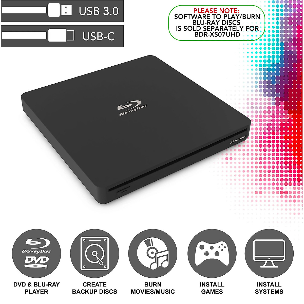 Pioneer BDR-XS07UHD 4K Blu-Ray Portable Burner & DVD Player - 6X Slim External BDXL, BD, DVD & CD Drive for Windows & Mac w/ 3.0 USB, CD Player, Write & Read on Laptop or Desktop w/ Carry Case (Black)