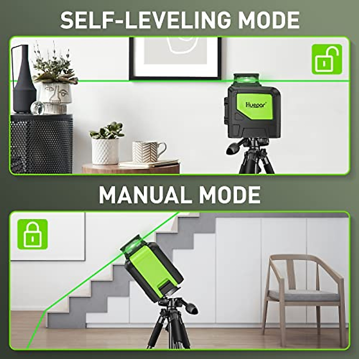 Huepar 901CG Self-Leveling Laser Level, 360 Green Beam Cross Line Laser Tool, Alignment 360-Degree Horizontal Line with Pluse Mode, Magnetic Pivoting Base Included