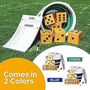Jungle Gym Kingdom Yardzee & Yard Farkle Giant Wooden 6 Dice Set for Outdoor Fun Lawn Games Picnic Barbeque Party Tailgaiting & Special Events with Collapsible Bucket & Lid Scorecards & Markers - Blue