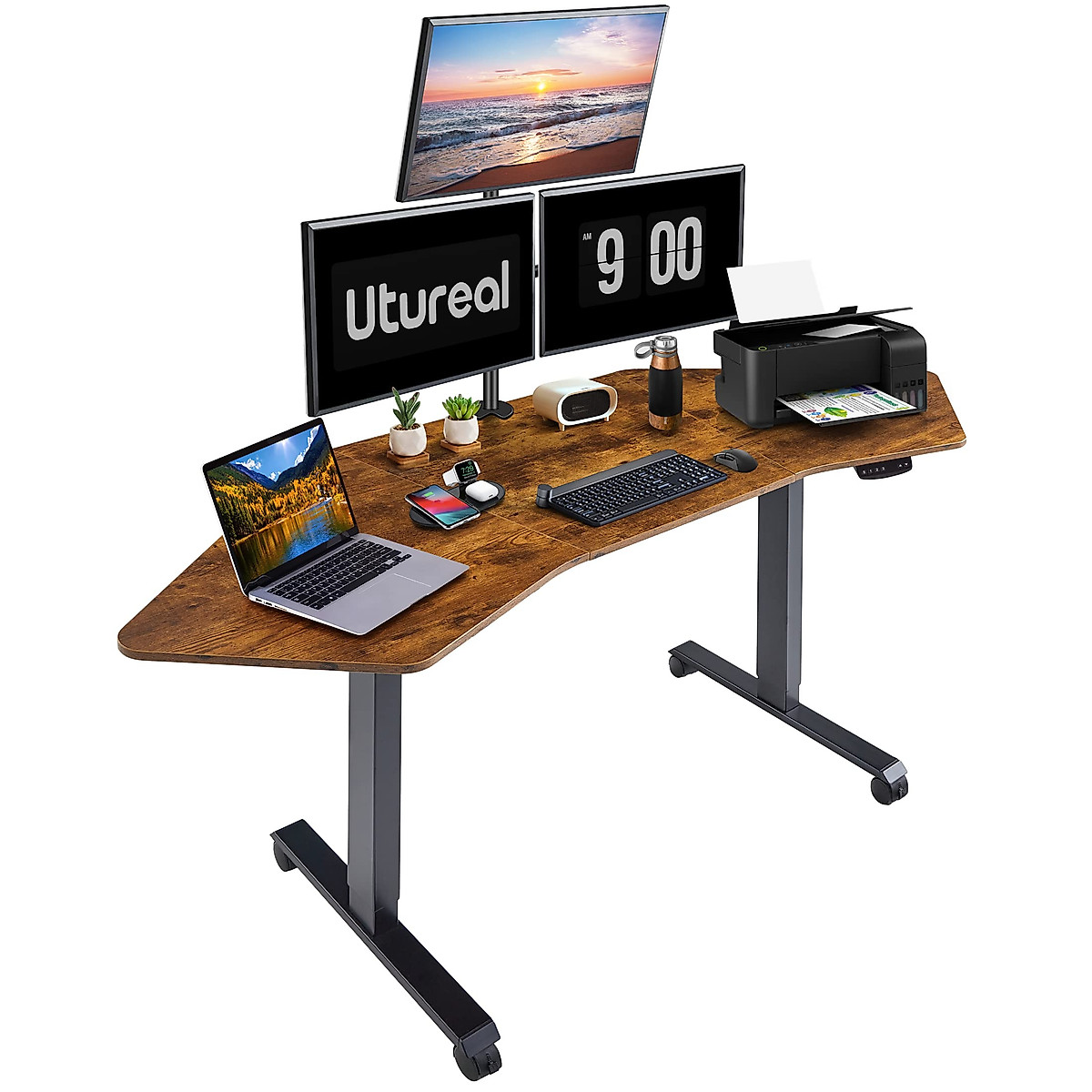 Utureal 71 Inch Electric Standing Desk Dual Motor, Wing Shaped Height Adjustable Corner Desk for Home Office, Ergonomic Stand Up Desk with 3 Memory Presets, Brown Top Black Frame Sit Stand Workstation