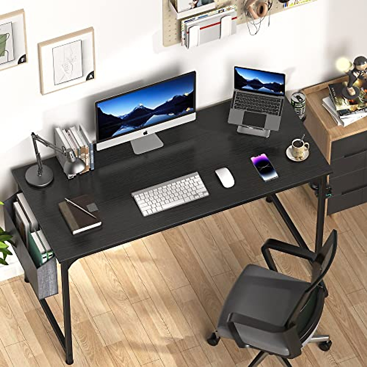 Mr IRONSTONE Computer Desk 47" Home Office Gaming Desk, Writing Desk Study Table with Storage Bag, Laptop Table with Storage Bag, Cup Holder and Headphone Hook (Stylish Black)