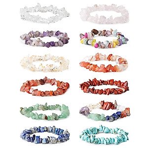 LOYALLOOK 8-12Pcs Natural Gemstone Chakra Crystal Healing Chip Gemstone Stretch Bracelets Tumble Polished Align Chakras/Conquer Fear/Increase Communication Reiki