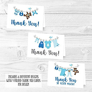 24 Blue Clothesline Baby Shower Thank You Cards With Envelopes, Boy Sprinkle Thank-You Note, 4x6 Gratitude Card Gift For Guest Pack, Gender Reveal DIY So Grateful Varied Little Onesie Event Stationery