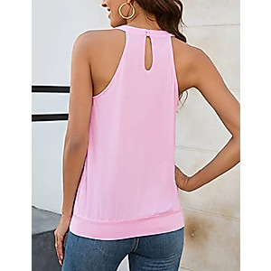ClearFlower Womens Halter Barbie Tank Tops Summer High Neck Pleated Sleeveless Cami Shirts Tops 01-4-Pink S