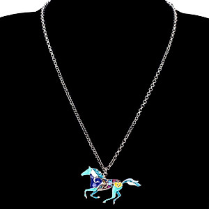 BONSNY Enamel Running Horse Necklace Pendant Chain Zinc Alloy Animal Lovers Design 18" (Blue)