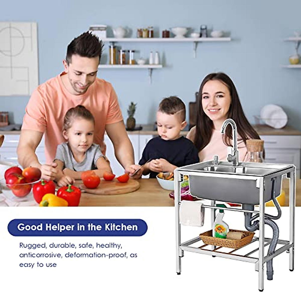 304 Stainless Steel Kitchen Sink Freestanding Utility Sink with Cold and Hot Water Pipe W27.95”x D18.5”x H29.5”