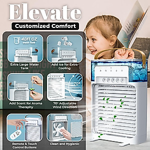 Portable Air Conditioner with Cooling Mist and Remote, Quiet comfort with 4 Speeds, XL 1200ml tank, Personal AC Fan with 5 Mists, 7 Night Lights, 2, 4, 6, 8H Timer, for Home, Office, White