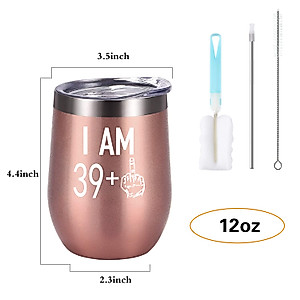 39 Plus One Middle Finger Wine Tumbler, 40th Birthday Gifts for Women Men, Wine Tumbler with Saying Funny Gifts Idea for Wife Mom Friends Coworkers, 12 Oz Insulated Wine Tumbler Glasses, Rose Gold
