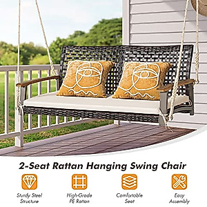Happygrill 2-Seat Rattan Porch Swing Chair, Outdoor Wicker Swing Bench with Seat Cushion & Acacia Wood Armrests, Two 118” Hanging Ropes Included, Patio Hanging Swing Chair for Front Porch Backyard