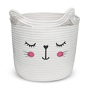 Bigepige Cat Decorative Baby Toy Storage Basket with Handle, Cotton Rope Blanket Basket for Cat Lovers Gift, Stuffed Animal Storage Bin, Cute Kids Laundry Nursery Hamper Organizer (White3, Medium)