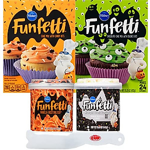 Pillsbury Funfetti Halloween Bundle, 1 of each Chocolate Slime Cake Mix and Halloween Cake Mix, 1 of each Frosting with Sprinkles, Black Chocolate and Orange Vanilla (Pack of 4) with By The Cup Spreader