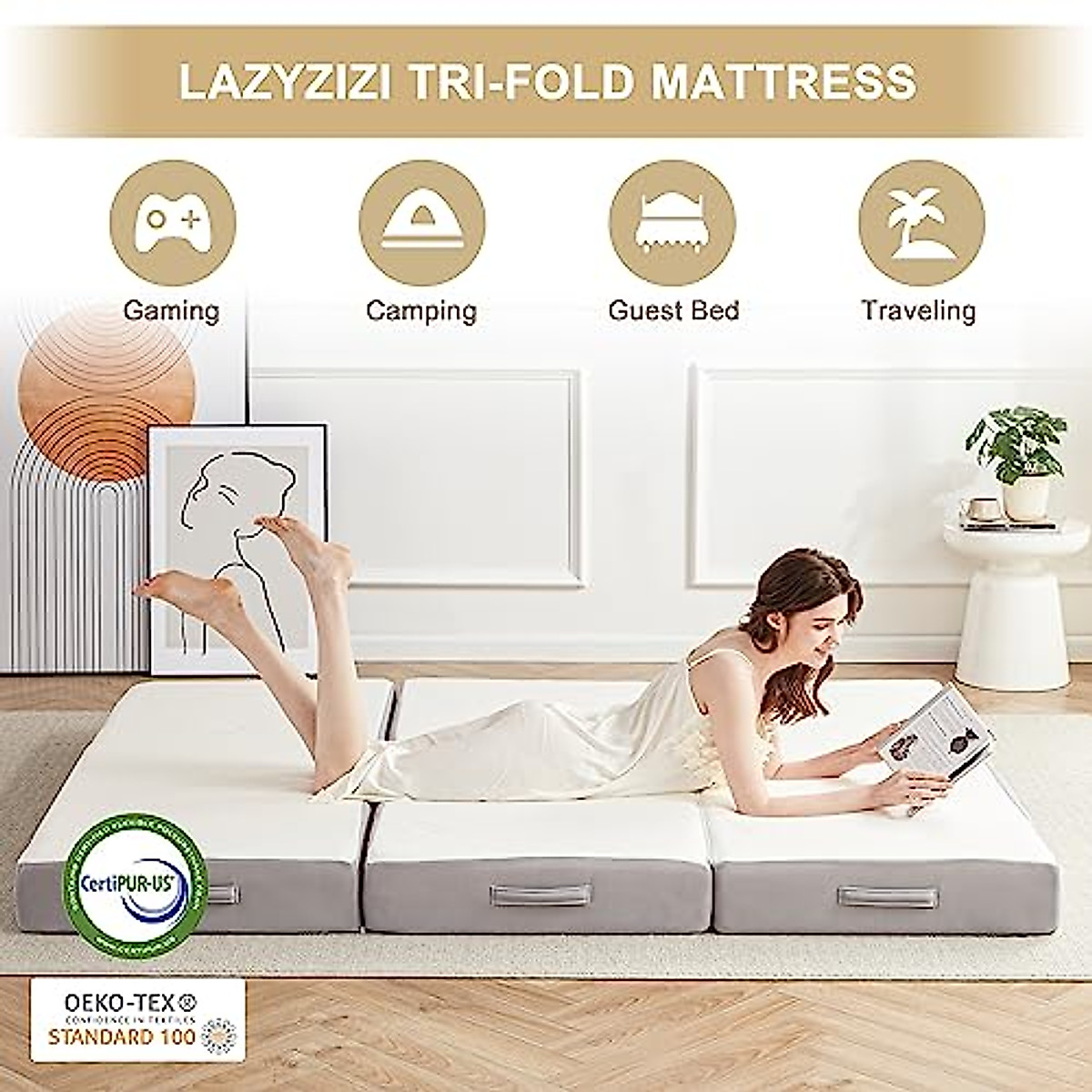 Lazyzizi Folding Mattress, 6 Inch Memory Foam Tri-fold Mattress with Breathable & Washable Bamboo Fiber Fabric Cover, Foldable Floor Mattress Guest Bed for Camping, Road Trip, Queen
