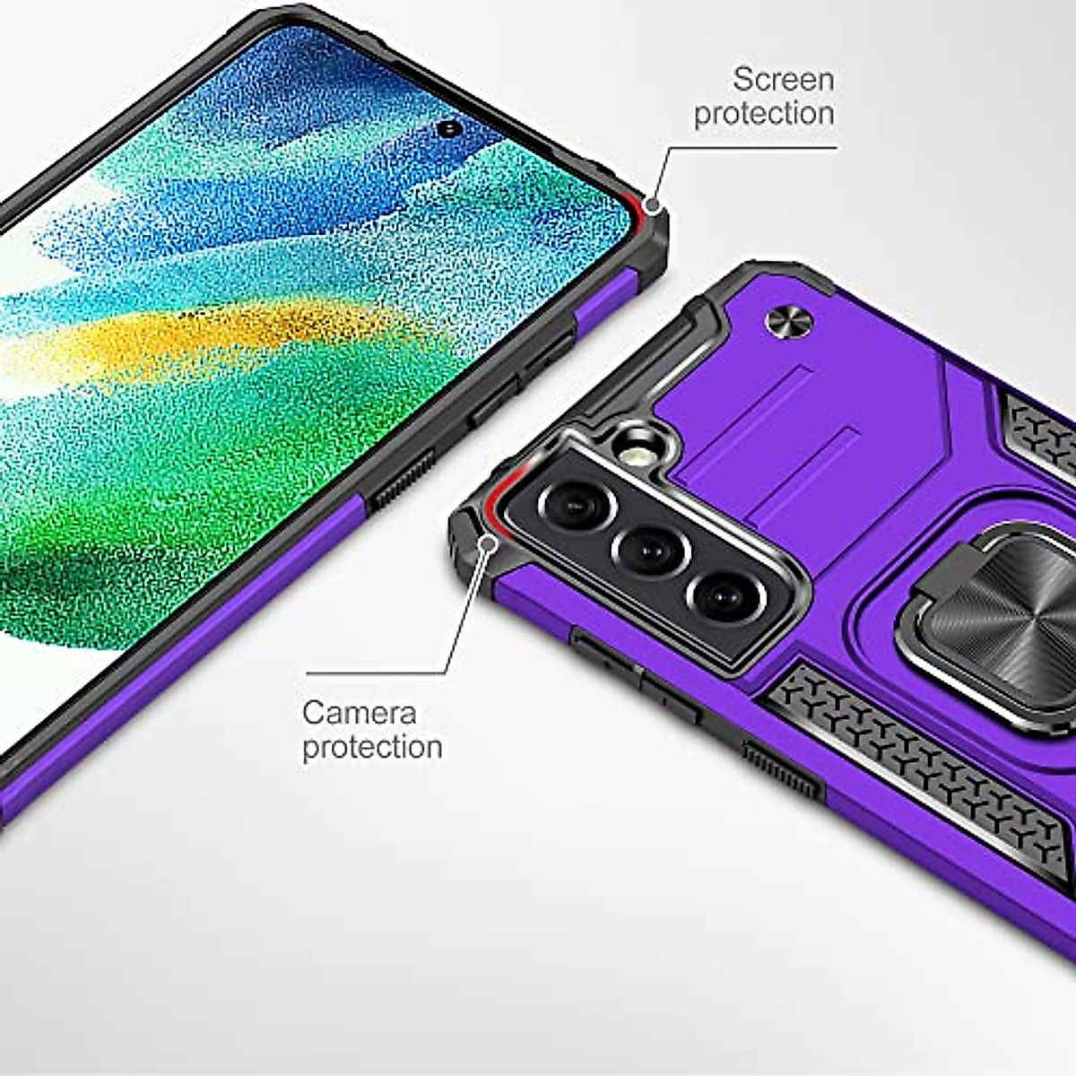 AYMECL for Galaxy S21 Case, S21 Case with Self Healing Flexible TPU Screen Protector [2 Pack], Military Grade Double Shockproof with Kickstand Protective Case for Samsung Galaxy S21 5G-Purple