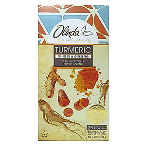 Olinda Turmeric, Ginger, and Ginseng Herbal Tea, Anti-Inflammatory, Antioxidant-Rich | Caffeine-Free Tea Bags, Brew Hot or Cold, 28 Tea Bags - Pack of 1