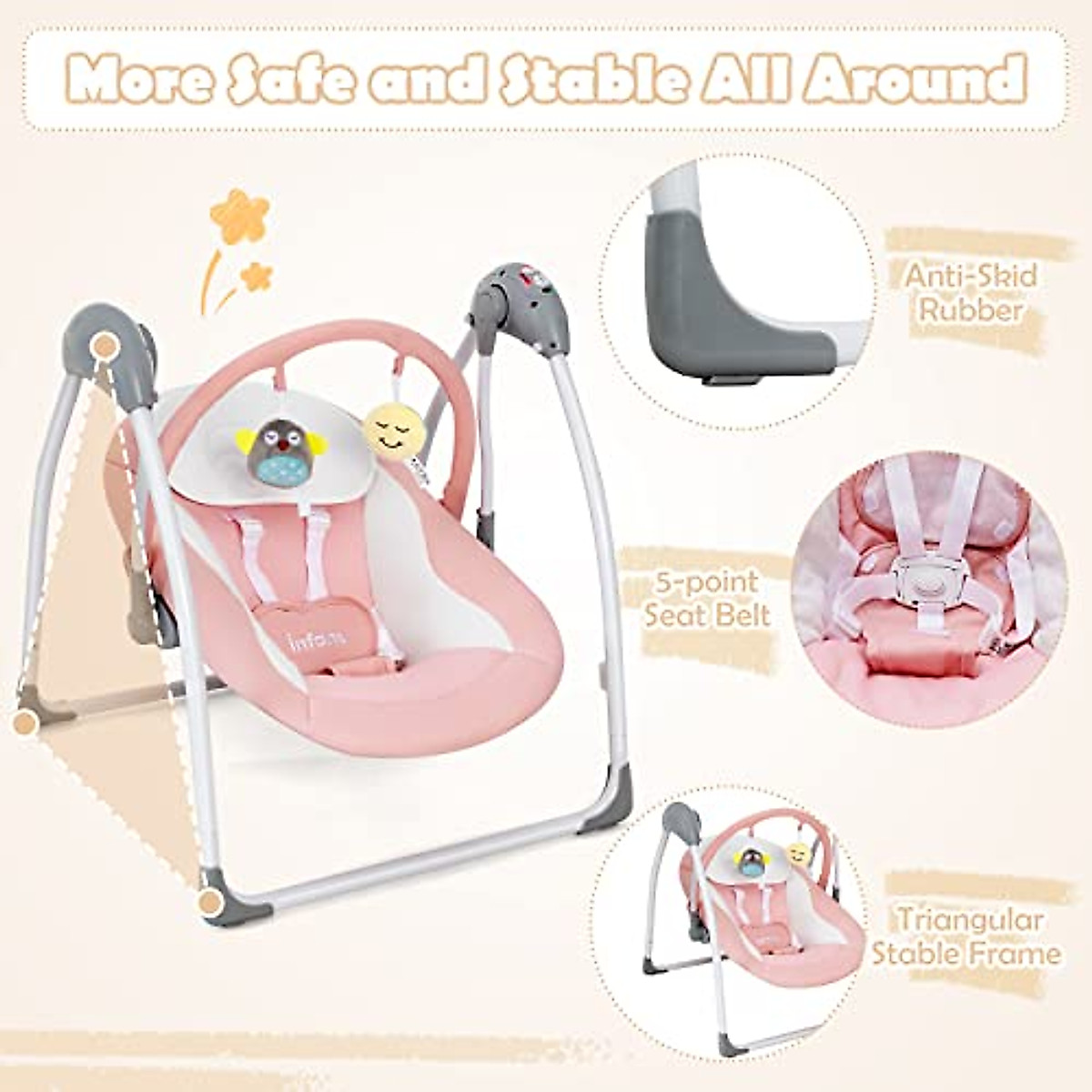 INFANS Baby Swing for Infants, Compact Portable Baby Electric Rocker for Newborn with 5 Speed Natural Sway Music Timing 2 Toys Remote Control, Easy Fold, 0-6 Months Boy Girl (Pink)