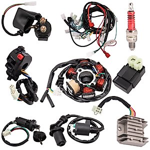 HOOTO Complete Wiring Harness kit for ATV Quad 4 Stroke 50cc 70cc 90cc 110cc 125cc Pit Quad Dirt Bike Go Kart Quad Wire Harness Complete Electrics Stator Coil CDI Solenoid Relay Spark Plug, Lead