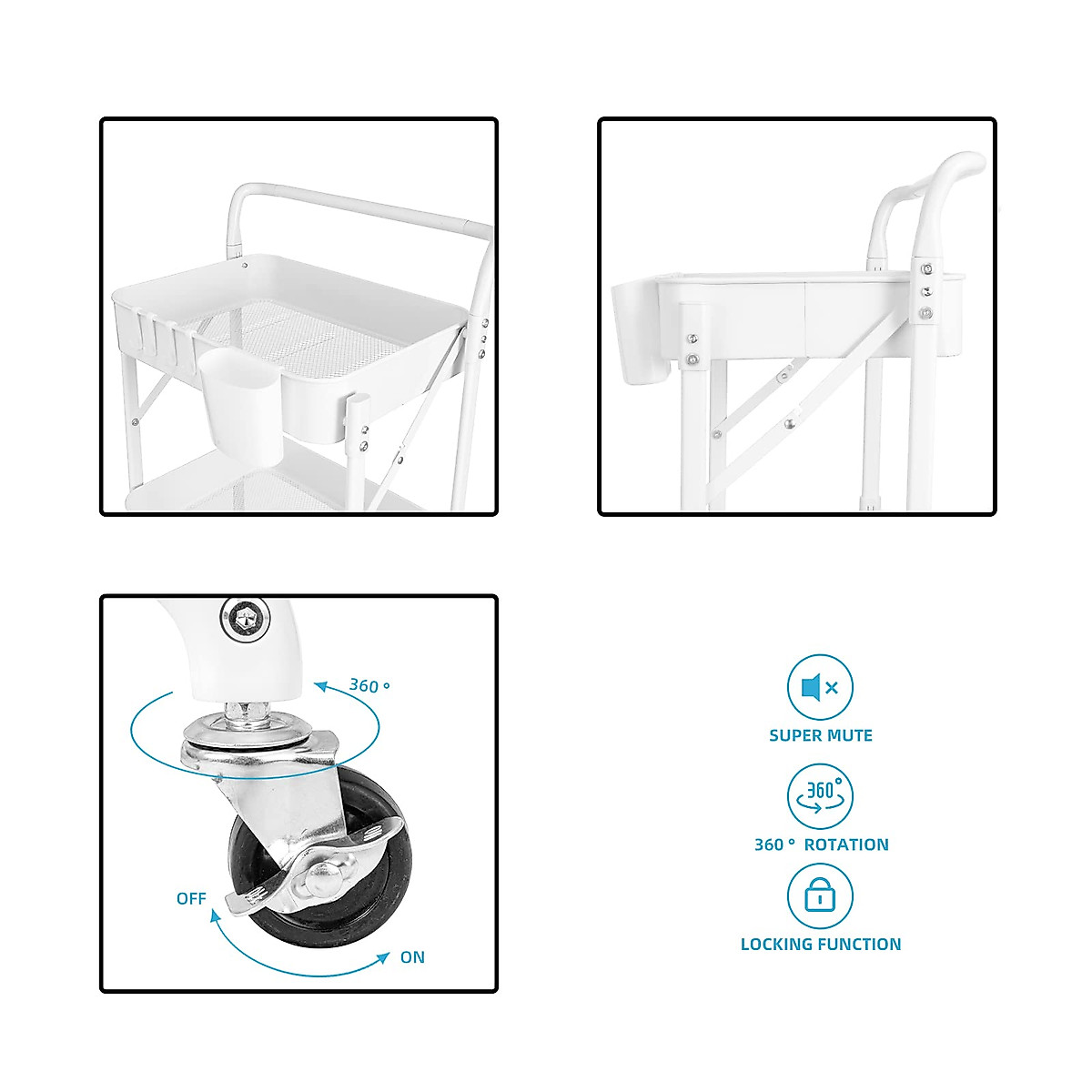 Amatic 3 Tier Foldable Metal Rolling Cart, Collapsible Rolling Storage Organizer with Wheels, Folding Laundry Utility Cart for Kitchen & Office, Include 3 Hanging Cups & 6 Hooks (White)