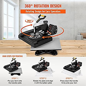 VEVOR Pro Heat Press Machine, 12 x 15 Inches, Fast Heating, 5 in 1 Combo 360 Swing Away Digital Sublimation T-Shirt Vinyl Transfer Printer with Anti-Scald Surface, Hat, Mug, Plate, ETL Listed, Black
