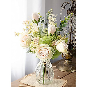 PERFNIQUE Faux Flowers with Vase, Artificial Silk Roses in Vase, Fake Eucalyptus Plant Bouquet, Floral Arrangements for Living Room, Dining Table Centerpiece, Coffee Table Decor (Peach Pink)