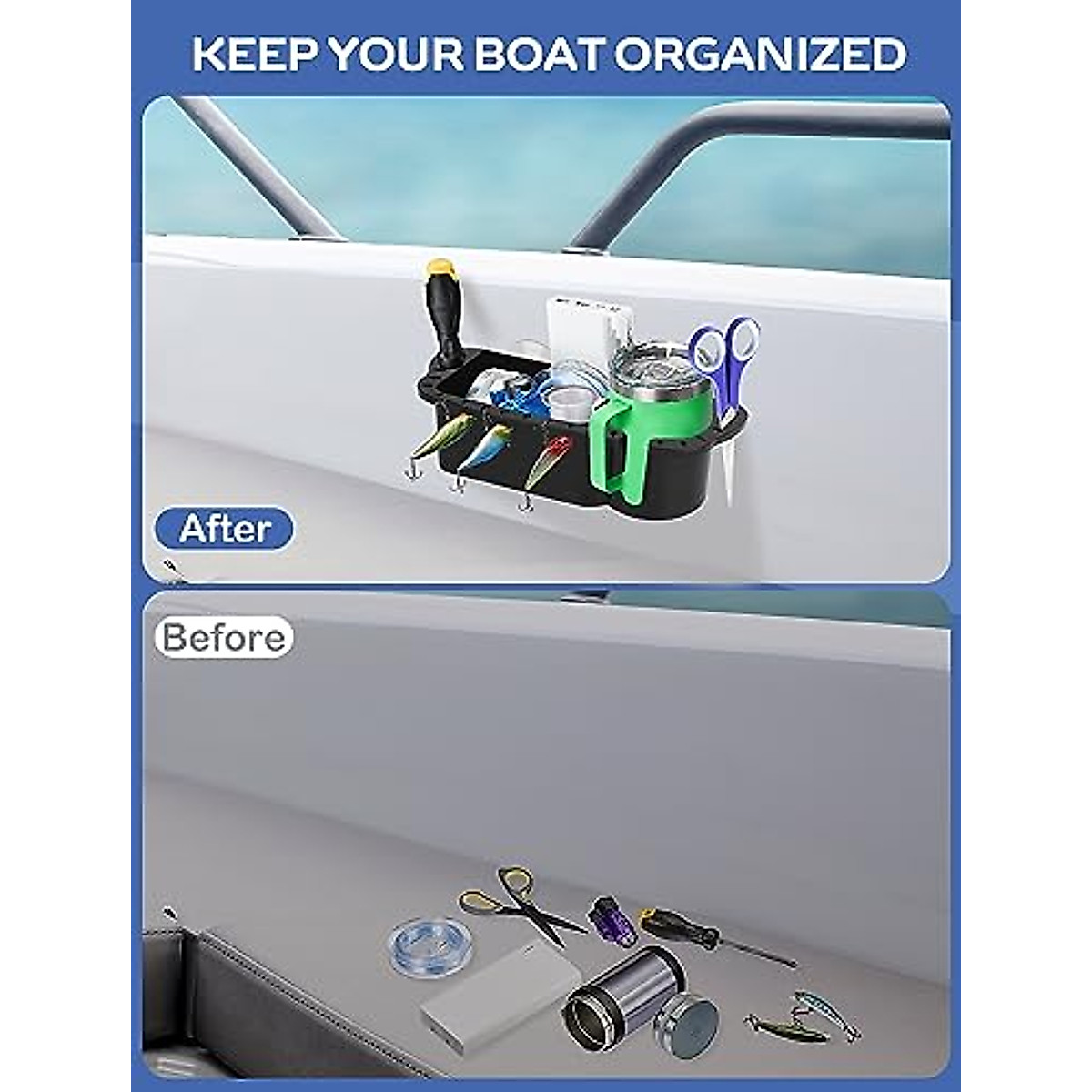 AngLink Boat Cup Holder - Marine Boat Caddy Organizer with Storage 3 Mount Options, Fishing Tool Drink Holders for Center Console Seat Kayak Pontoon Bass Boat Jon Boats丨Black