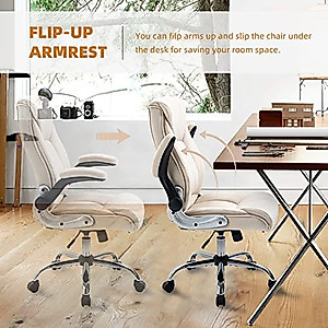 YAMASORO Velvet Fabric Office Chair Ergonomic Executive Chair with Lumbar Support,Home Office Desk Chairs Flip up Arms with Wheels, Comfortable Computer Chairs,Beige