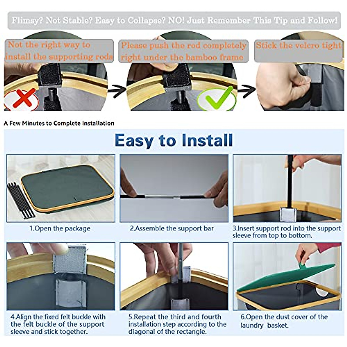 BEENLE 82L Bamboo Large Laundry Hamper with Lip and Detachable Laundry Bags, Dirty Clothes Basket with Lid & Handles, Collapsible Laundry Baskets Bedroom Washing Bin for Clothing Organization Toys