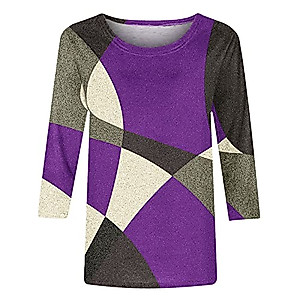 Sales Today Clearance Workout Tops for Women 3/4 Sleeve Crew Neck Color Block Irregular Shirts Basic Business Comfortable Loose Blouses Purple 2XL