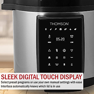 Thomson TFPC607 9-in-1 Pressure Cooker and Air Fryer with Dual Lid, Slow Cooker and More, Digital Touch Display, 6.5 QT Capacity, Included Cooking Accessories - Stainless Steel