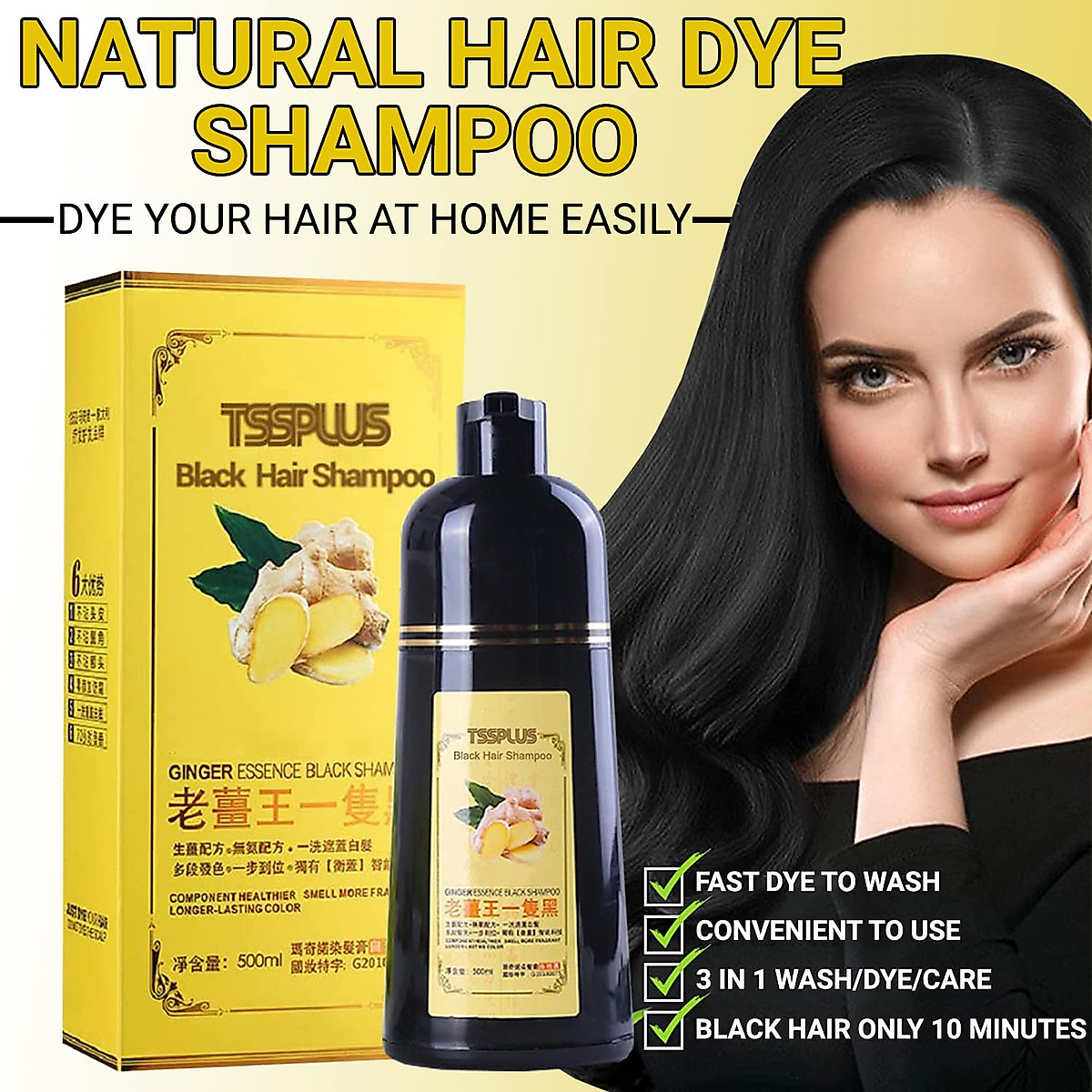 TSSPLUS Hair Dye Shampoo 3 in 1, Ginger Essence Black Hair Dye 16.9 Fl Oz, Black Hair Shampoo, Semi-Permanent Hair Color For Men and Women, 100% Gray Hair Coverage, Safe and Hair herbal shampoo
