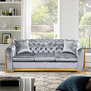 BSYEIO 81'' Modern Velvet Sofa Couch Living Room Chesterfield Sofa Couch 3 Seater Luxury Upholstered Sofa Couch with Gold Stainless for Apartment Dorm Office-Grey