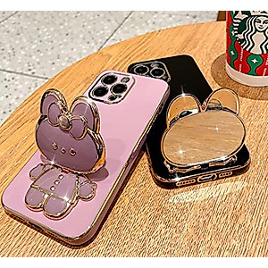 for iPhone 14 Pro Max Case for Women Girls,6D Cute Hidden Rabbit Bunny Stand Mirror Design,Luxury Plating Glitter Soft Silicone Makeup Girly Phone Case with Camera Cover for iPhone 14 Promax Purple