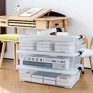 Bringer Set of 3 Large Under Bed Plastic Storage Bins with Lids, 50 L Clear Plastic Latch Storage Box with Wheels