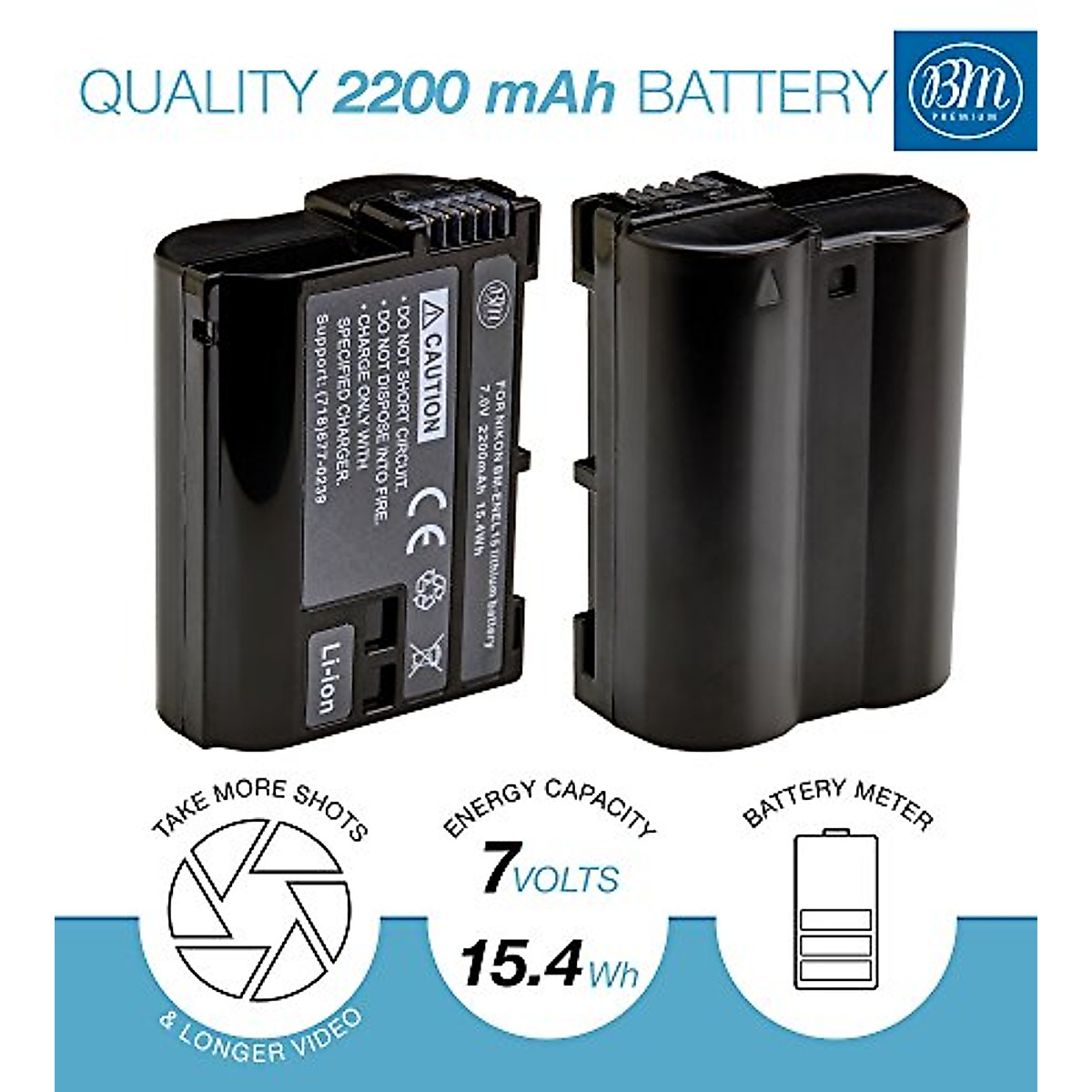 BM Premium 2 Pack of EN-EL15B Batteries for Nikon Z6, Z7, D780, D850, D7500, 1 V1, D500, D600, D610, D750, D800, D800E, D810, D810A, D7000, D7100, D7200 Digital Cameras