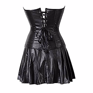 Blidece Woman's Punk Rock Faux Leather Steampunk Bustier Sexy Zip Dress Lingerie Skirt Overbust Plus Size Burlesque Corset Set Medium Black