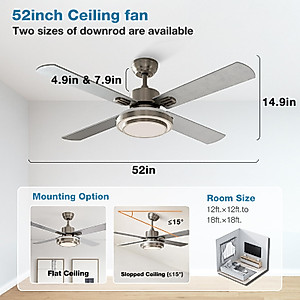 warmiplanet Ceiling Fan with Lights Remote Control, 52 Inch, Brushed Nickel Motor (4-Blades)