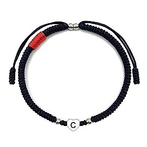 LAMIBEE Initial Letter Bracelet, Protection and Lucky String Bracelet, Black Red Bracelet with Inspirational Card, Heart Link Bracelet for Men, Women, Friendship (Letter C)