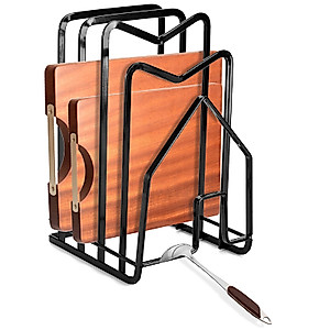Suwimut Cutting Board Rack Holder, Flat Steel Chopping Board Organizer Stand Pot Pan Lids Rack Organizer for Kitchen Cabinet Countertop, 4.92x5.71x8.46 Inch (Black)