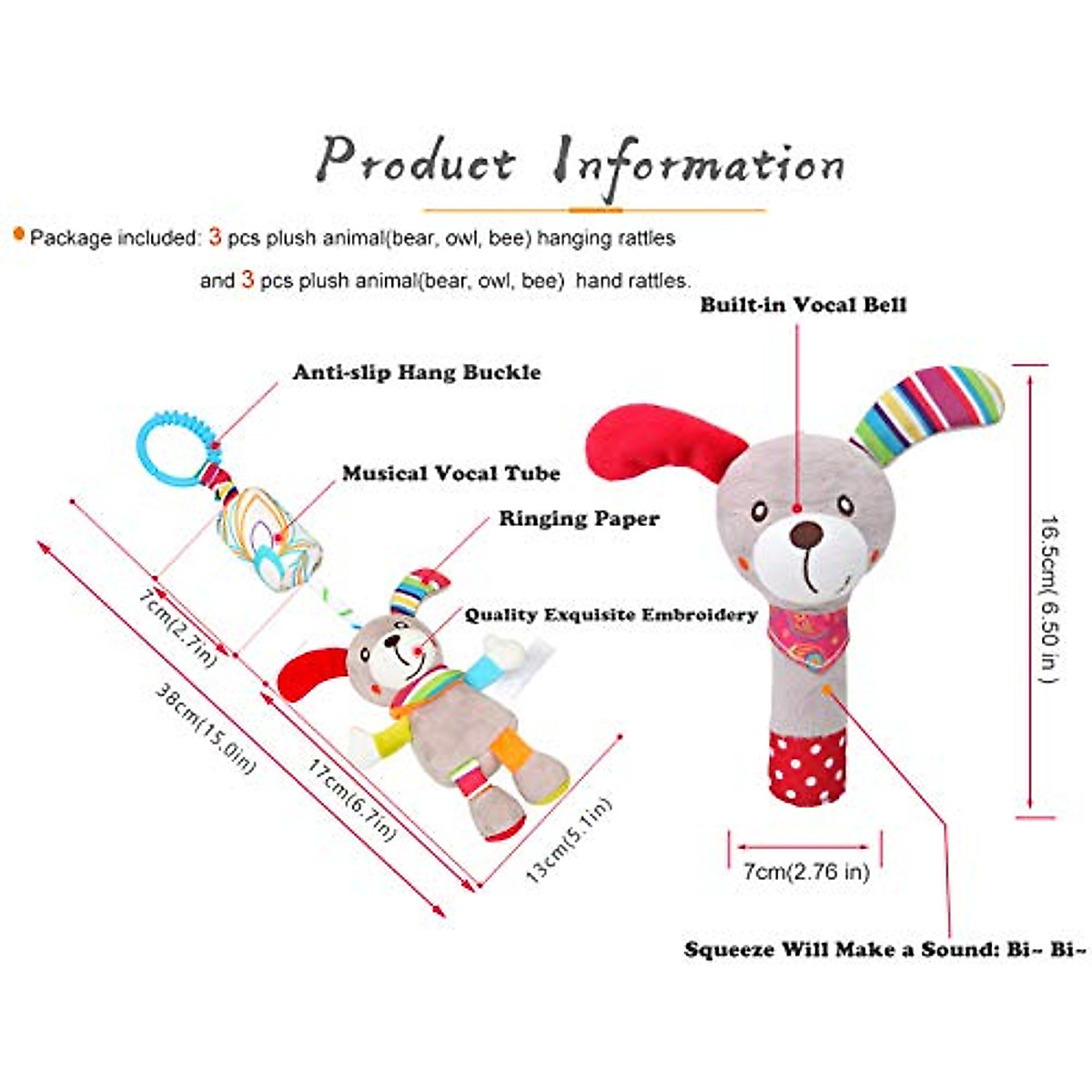 6 Pcs Baby Hanging + Hand Rattles Toys, Soft Crinkle Squeaky Sensory Learning Toy, Plush Animals Ring Stroller Infant Car Bed Crib Travel Activity Hanging Wind Chime for Babies Toddlers