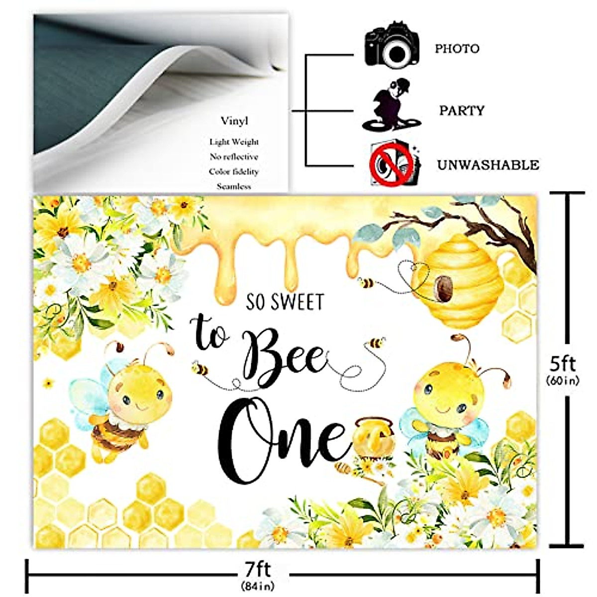 Avezano So Sweet to Bee One Party Backdrop for First Bee-Day Bee 1st Birthday Party Decorations Photography Background Bumblebee Honey Bees First Party Photoshoot (7x5ft)
